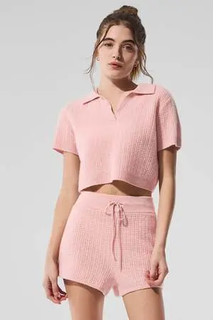 Alo Yoga Cashmere Plush Waffle Polo T-Shirt - Pink Quartz